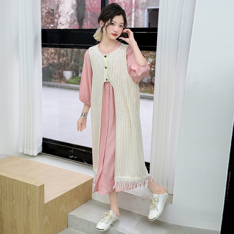 Jual Gaun Pink Gadis Gaya Hutan Blus Berlapis Gaun Panjang Set Dua ...