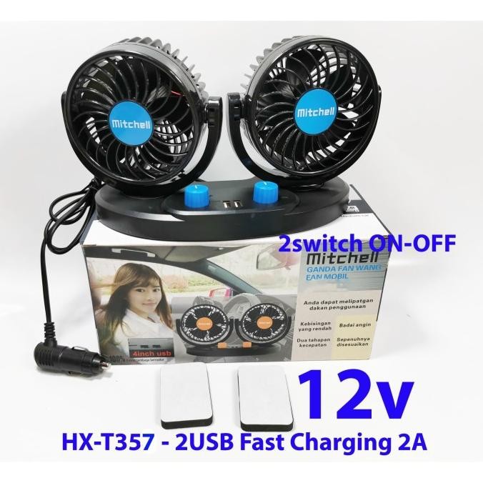Jual BEBAS ONGKIR - MITCHELL HX-T357 12V DC 2USB 2A + ON-OFF swing kipas mobil double fan ...