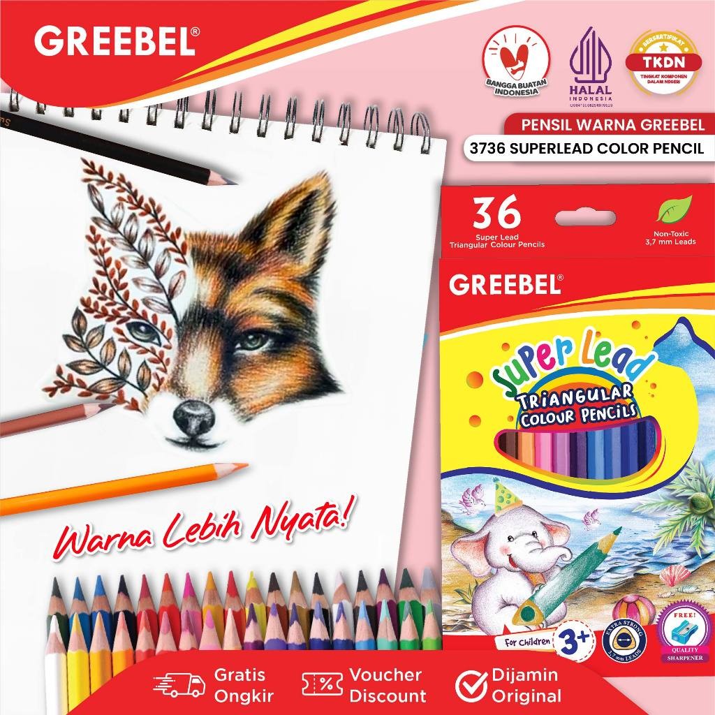 Jual GREEBEL Pensil Warna 36 Warna / Super Lead Colored Pencil (3736 ...