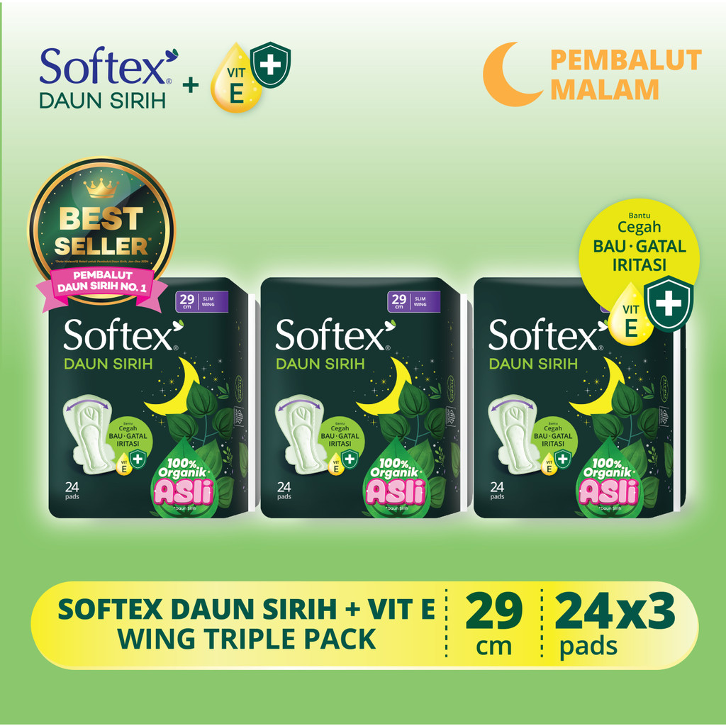 Jual Softex Daun Sirih + Vitamin E Jumbo Pack 29cm 24s x 3 Pack - Pembalut Daun Sirih Malam ...