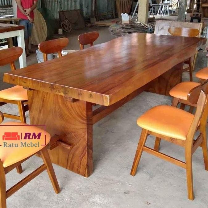 Jual Promo Set meja makan kayu trembesi utuh panjang 2 meter dan 6 kursi cafe kayu jati COD ...