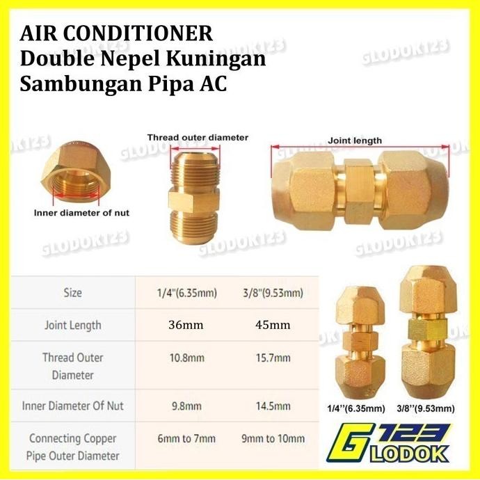 Jual Double Nepel Nipple Set 1/4" 3/8" Sambungan Pipa AC Tembaga Kuningan | Shopee Indonesia