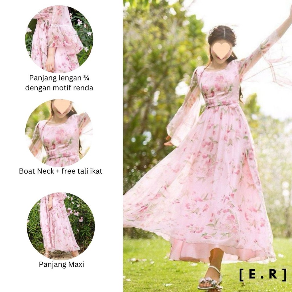 Jual Gaun floral bahan lembut panjang/Longdress floral peach pink ...