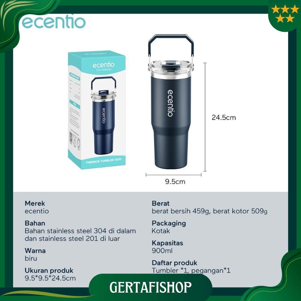 Jual Ecentio Tumbler 900Ml Mug Panas Sedotan Stainless Steel 304 Tahan ...