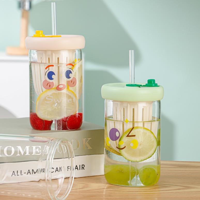 Jual Tr21 Gelas Infused Water Kaca Sedotan Kaca Emoji - Botol Air Minum ...