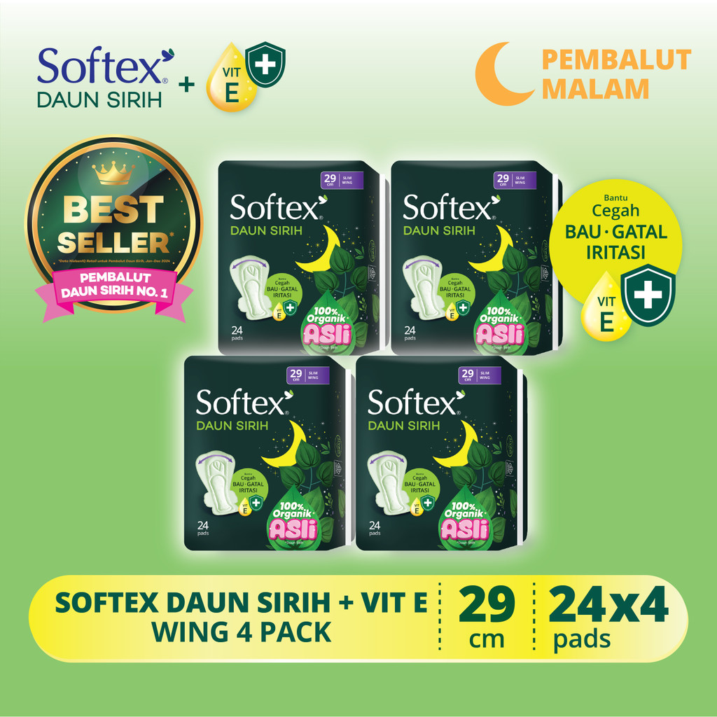 Jual Softex Daun Sirih + Vitamin E Jumbo Pack 29cm 24s x 4 Pack - Pembalut Daun Sirih Malam ...