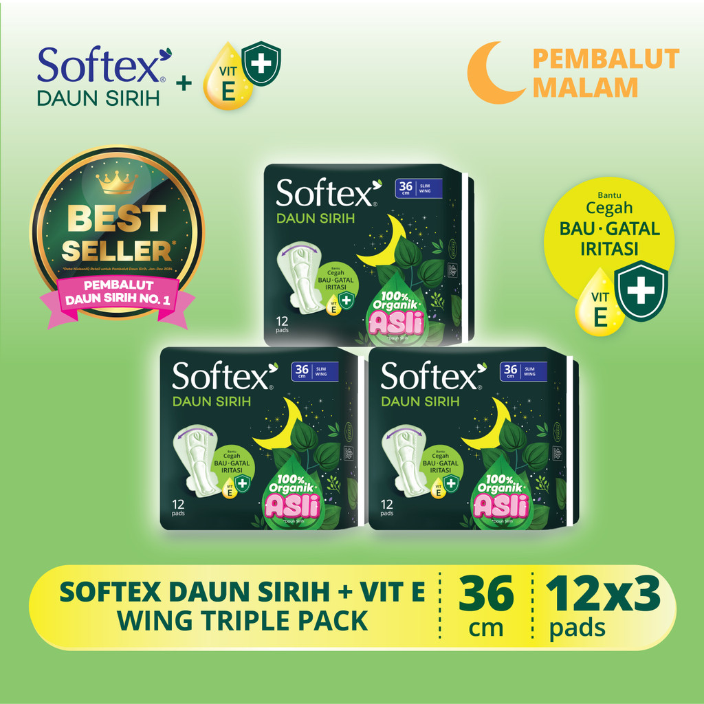 Jual Softex Daun Sirih + Vitamin E 36cm 12s x 3 Pack - Pembalut Daun ...