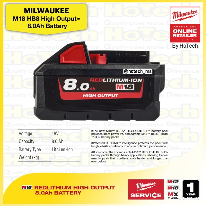 Jual MILWAUKEE M18 HB8 REDLITHIUM High Output 8.0Ah Battery Cordless ...