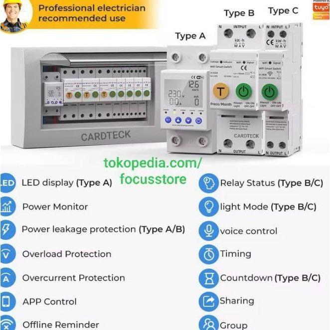 Jual Smartlife Mcb Wifi Smart Switch Kwh Monitoring 63A Energy Meter Type B Cardteck Mcb2-63A-Wf ...