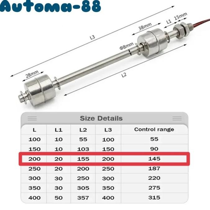 Jual Water level sensor float switch 2 pelampung dobel 20cm 200mm 220V ...