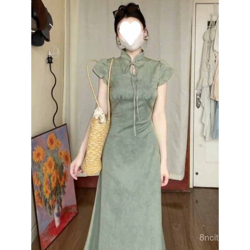 Jual Gaun Denim Wanita Kerah Berdiri Lengan Puff Mengurangi Pinggang ...