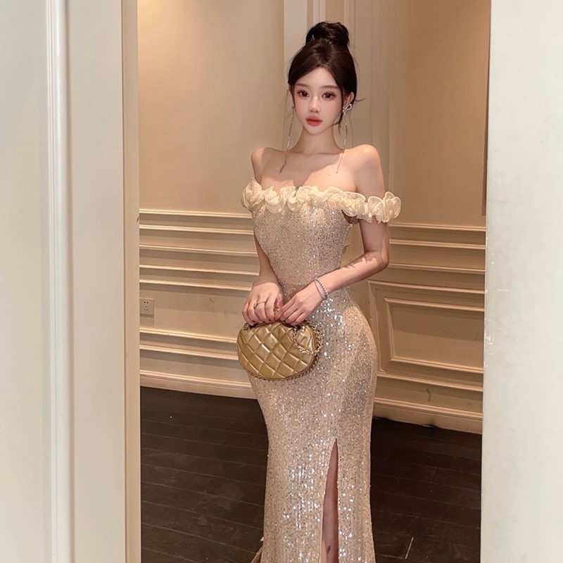 Jual Gaun ruffles / payet gaun panjang garpu terbuka / gaun temperamen ...