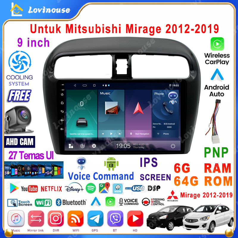 Jual ⚡Mitsubishi Mirage 2012-2019⚡6G+64G Head Unit Android 9 Inch Termasuk Frame/PNP Soket ...