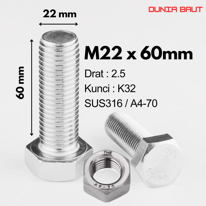 Jual SS316 Baut Hex Stainless M22X60 - Baut Hexagon 22X60 / M22 X 60 / 22 X 60 SUS316 / A4-70 ...