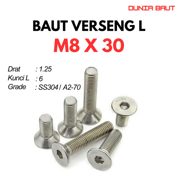 Jual Baut Verseng L M8X30 / Baut JFL 8X30 / Countersunk L M8 X 30 / 8 X 30 - Socket Countersunk ...