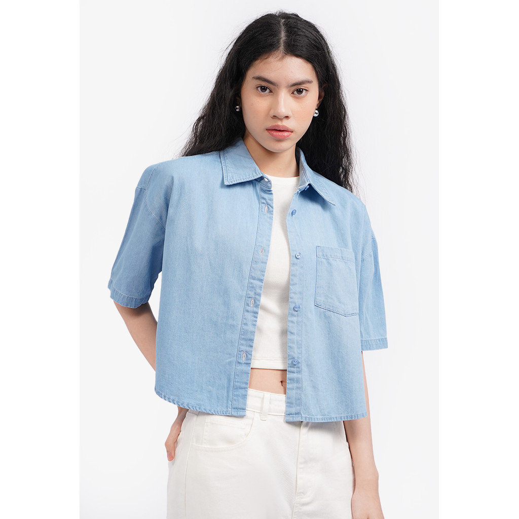 Jual COLORBOX Short Sleeve Chambray Shirt Lt. Blue | Shopee Indonesia