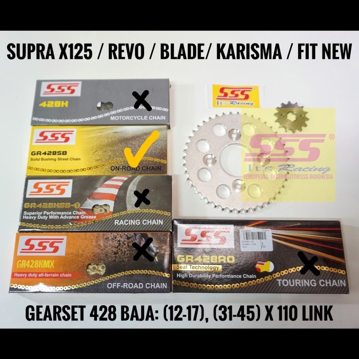 Jual Girset Sss Supra X 125/Revo/Blade/Kharisma Baja 428 Rantai Sss 110 ...
