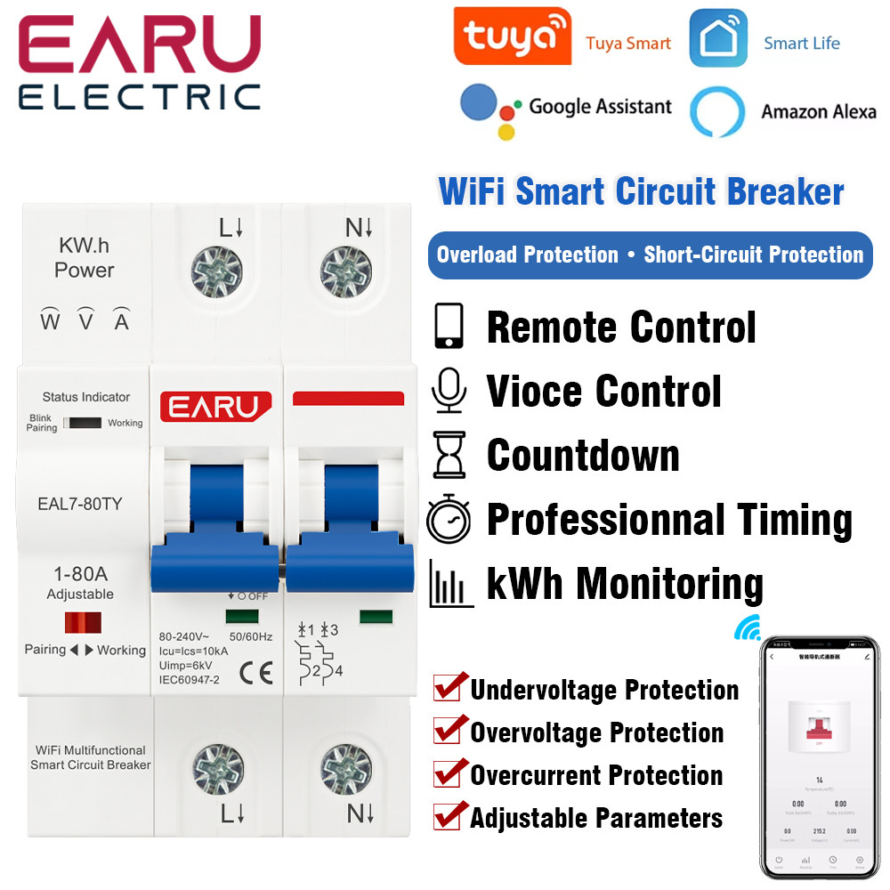 Jual WYU TUYA WIFI Smart Circuit Breaker MCB 2P 80A Adjustable 230V Energy Meter kWh Over ...