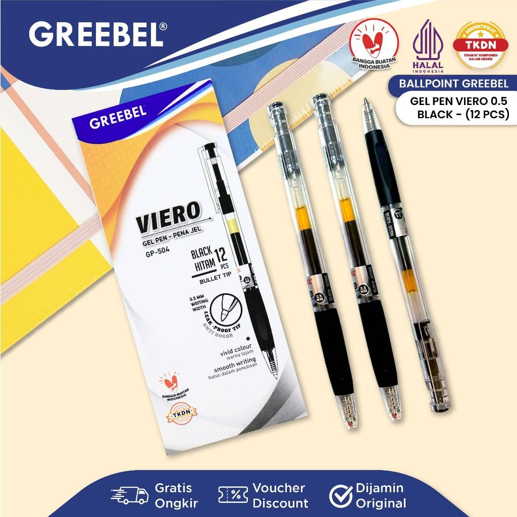 Jual GREEBEL Pulpen Gel / Gel Pen GP-504 Viero 0.5 Hitam / Ballpen Gel ...