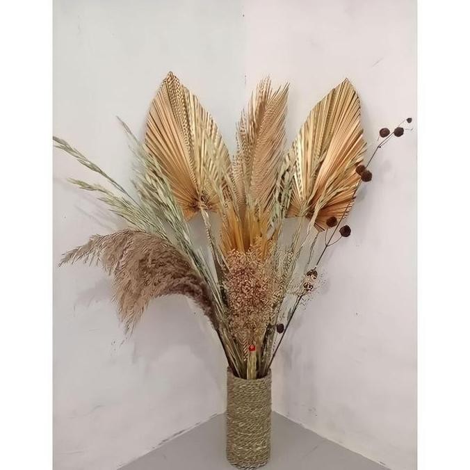 Jual Paket Bunga Kering Dan Pot Mendong / Daun Palem Kering / Dekorasi ...