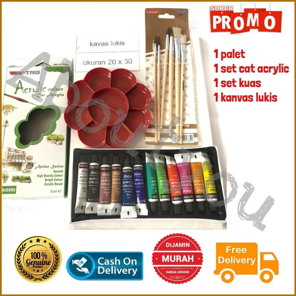 Jual PAKET LUKIS KOMPLIT 4 in 1 KANVAS Besar Cat Akrilik Palet Kuas Set ...