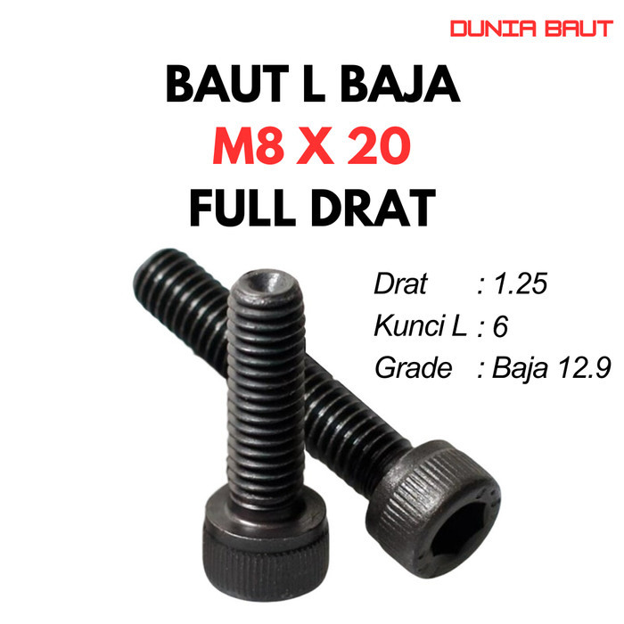 Jual 12.9 Baut L Baja M8X20 / 8X20 / M8 X 20 / 8 X 20 FT - Black Hex ...