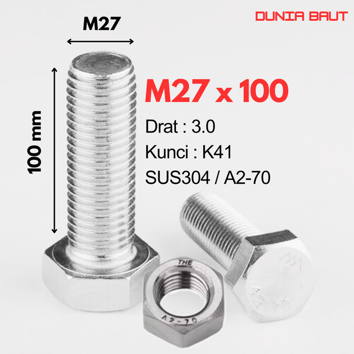 Jual Baut Hex Stainless M27X100 - Baut Hexagon 27X100 / M27 X 100 / 27 X 100 SS304 / SUS304 / A2 ...