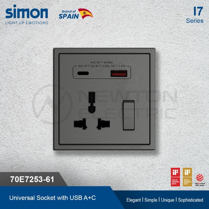 Jual Simon I7 Universal Socket And Usb A+C Charger - Grey (Tanpa Frame ...
