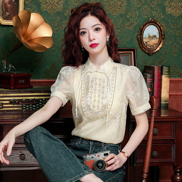 Jual Blus Chiffon Wanita Elegan Kerah Berdiri Lengan Puff Musim Panas ...