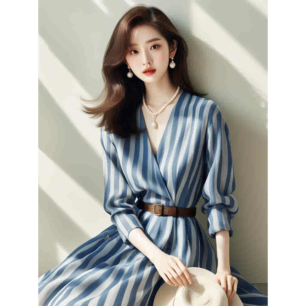 Jual Gaya Unik Niche Baru Super Bergaya v Gaun Kemeja Bergaris Biru ...