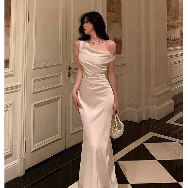 Jual Gaun satin tanpa tali temperamen Prancis / gaun malam ekor ikan ...