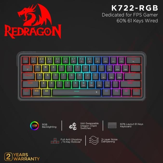 Jual REDRAGON 60% 61 KEYS WIRED MECHANICAL GAMING KEYBOARD RGB - K722-RGB 1904T | Shopee Indonesia