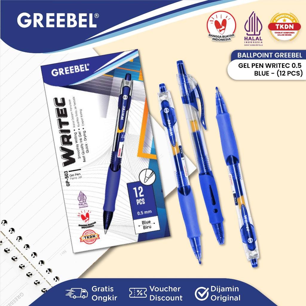 Jual GREEBEL PULPEN GEL / Gel Pen Writec GP- 503 0.5 Biru (12PCS/SET) / Ballpen Gel Ballpoint ...
