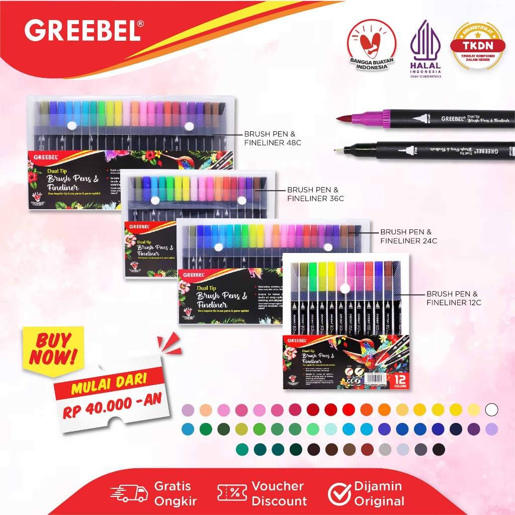 Jual GREEBEL Dual Tip Brush Pen Color / 12 / 24 / 36 / 48 Warna ...