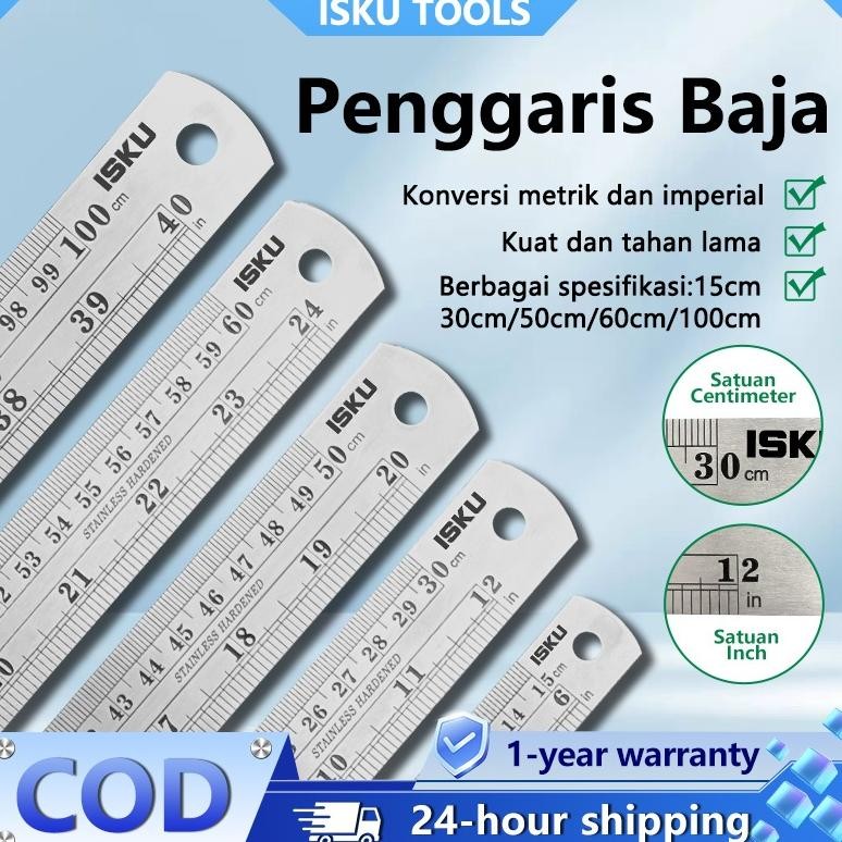 Jual ISKU Penggaris Besi 15/30/50/60/100cm Stainless Steel/Skala Dua Sisi Ruler AST | Shopee ...