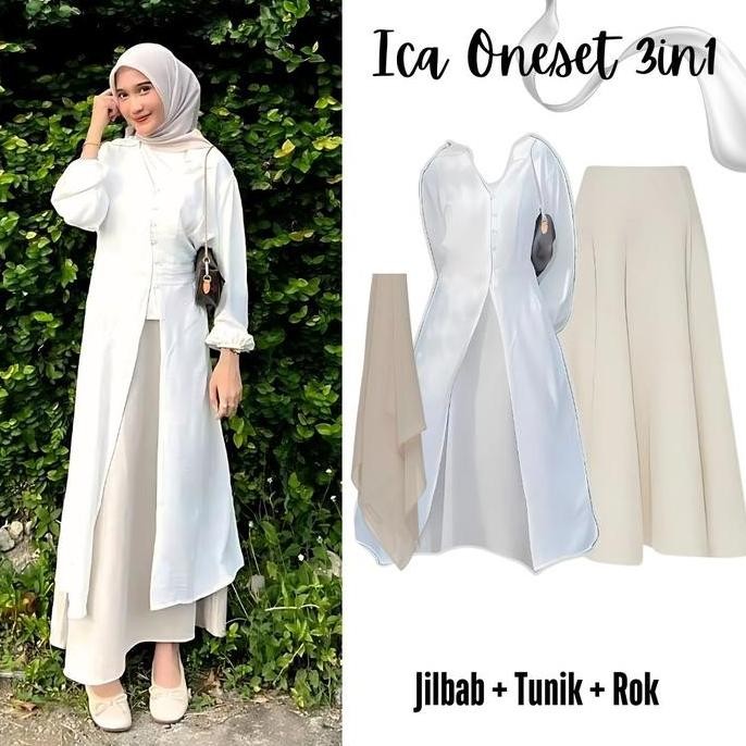 Jual Oneset 3in1 tunik putih rok panjang jilbab bella square | ootd outfit main hangout kuliah ...