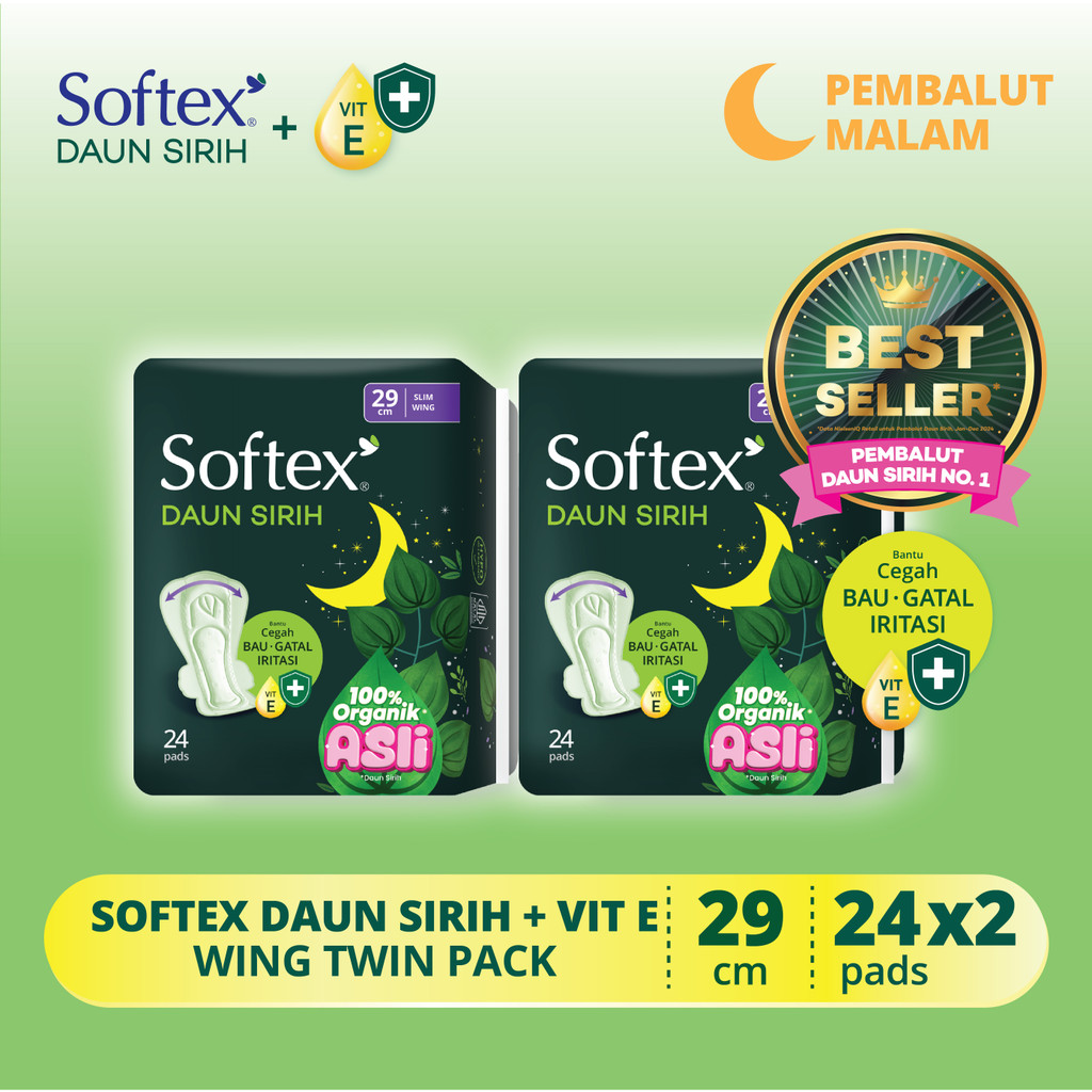 Jual Softex Daun Sirih + Vitamin E 29cm Jumbo Pack 24s x 2 Pack - Pembalut Daun Sirih Malam ...