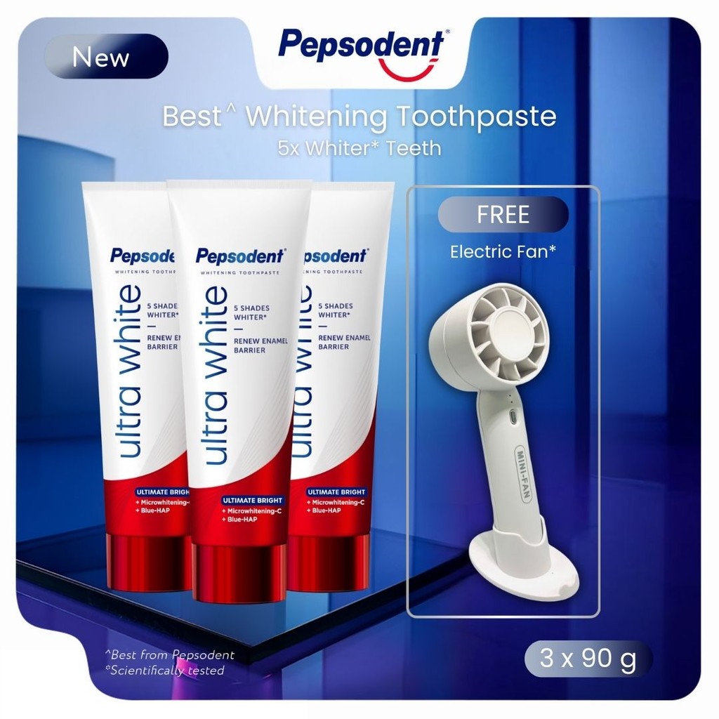 Jual Buy 3 Pepsodent Ultra White Ultimate Bright 90g FREE Electric Fan ...