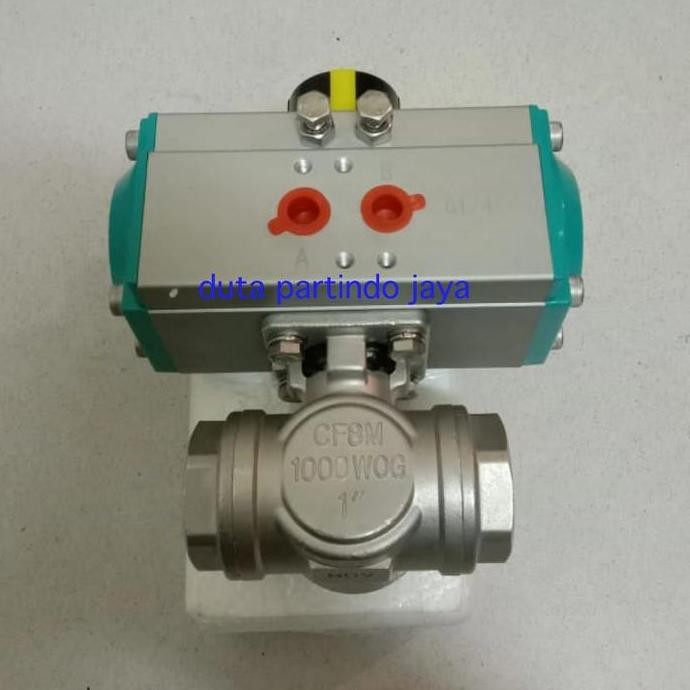 Jual Three Way 3 Way Ball Valve Pneumatic Actuator Stainless 316 Drat ...