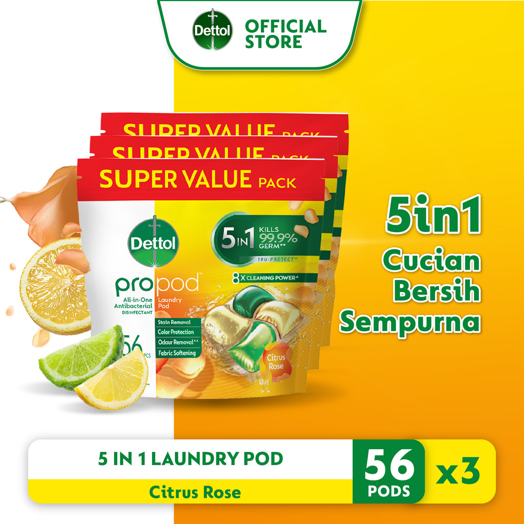 Jual Dettol Propod Antibacterial Laundy Pod Citrus Rose 56s Tub (3 pcs ...
