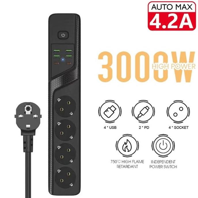 Jual 3000W EU Plug Power Strip AC Outlets Multitap Socket 2m Extension ...