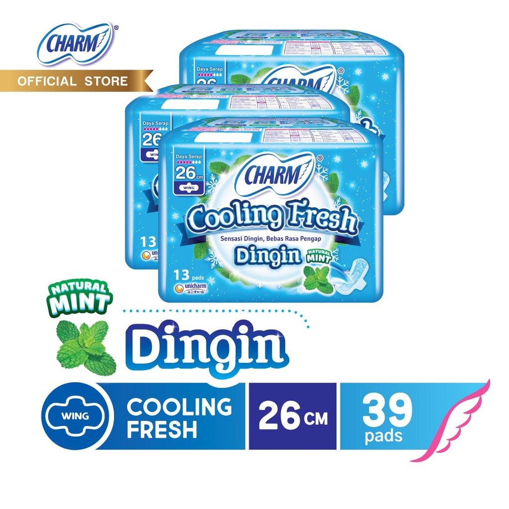 Jual Charm Pembalut Cooling Fresh Wing Long 26cm 13 pads - 3 packs ...
