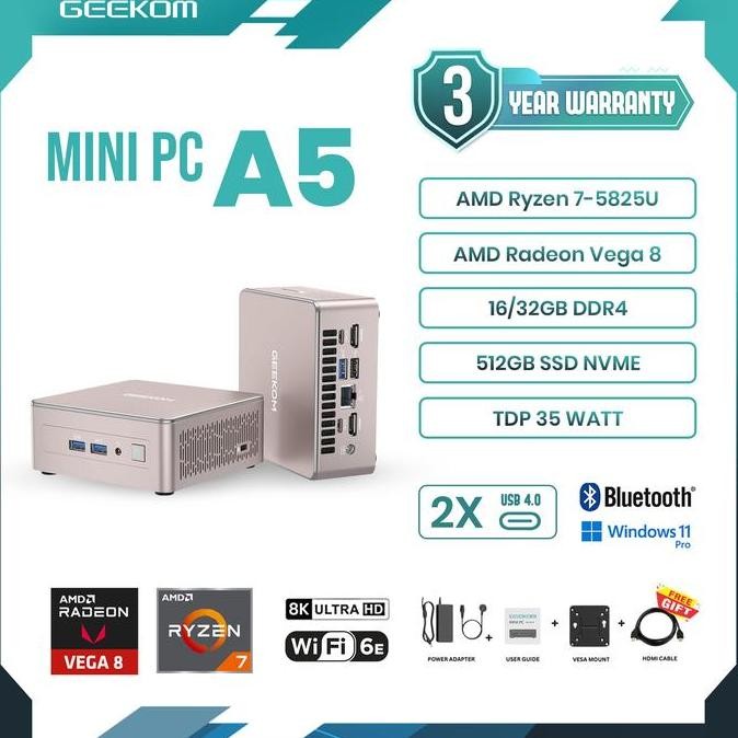 Jual Geekom Mini PC A5 AMD Ryzen 7 5825U 32GB RAM DDR4 /512GB NVME Windows 11 PRO - Support 4 ...
