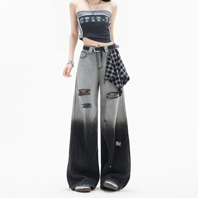 Jual Celana Jeans Lebar Robek Gradasi Hitam dan Abu-Abu Longgar Lurus ...
