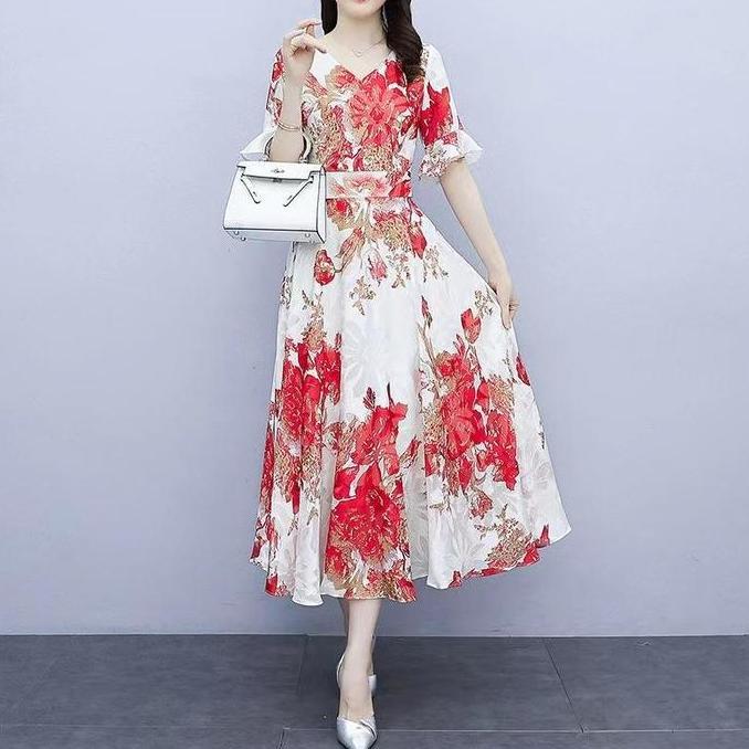 Jual Gaun Sifon Tinggi Korea Slim Casual Wanita Dress Baju Midi Panjang ...