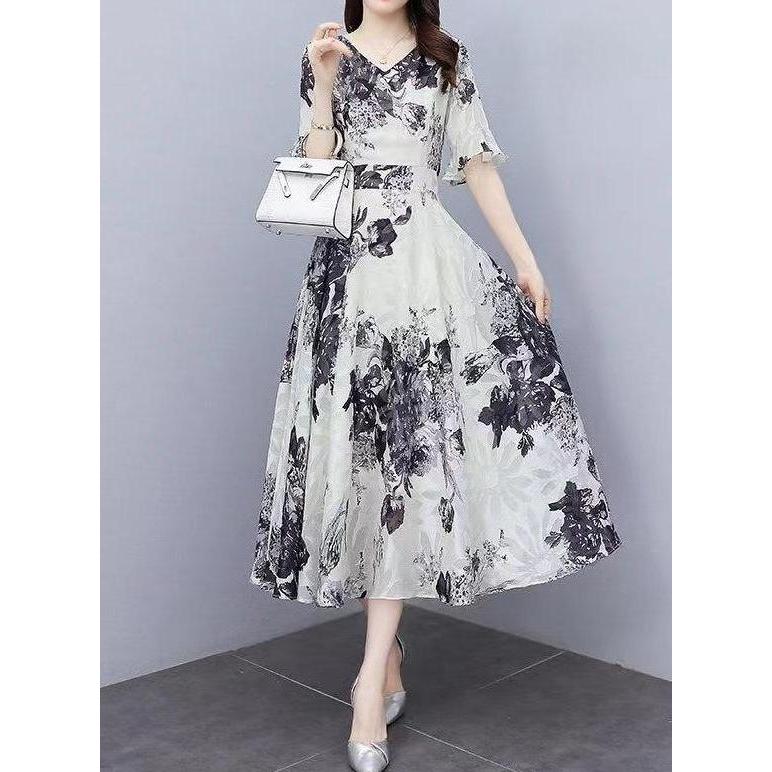 Jual Midi Dress Gaun Sifon Jacquard Tinggi Korea Slim Casual Floral ...