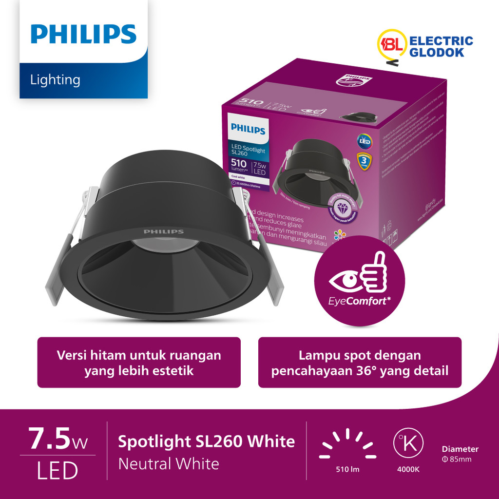 Jual Lampu Spotlight LED PHILIPS SL260 7,5W D75 BLACK CASING 3000K ...