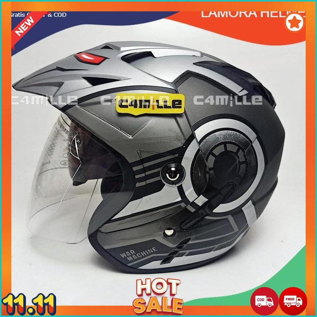Jual Helm Ironman War Marchint Black Doff Silver Double Visor Half Face ...