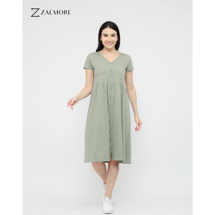 Jual Zalmore Luma Cotton Vneck Midi Dress with Button Premium Cotton KH ...