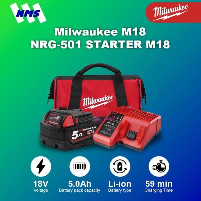 Jual MILWAUKEE M18 NRG-501 STARTER KIT: CHARGER M12-18C & BATERAI M18B5 ...